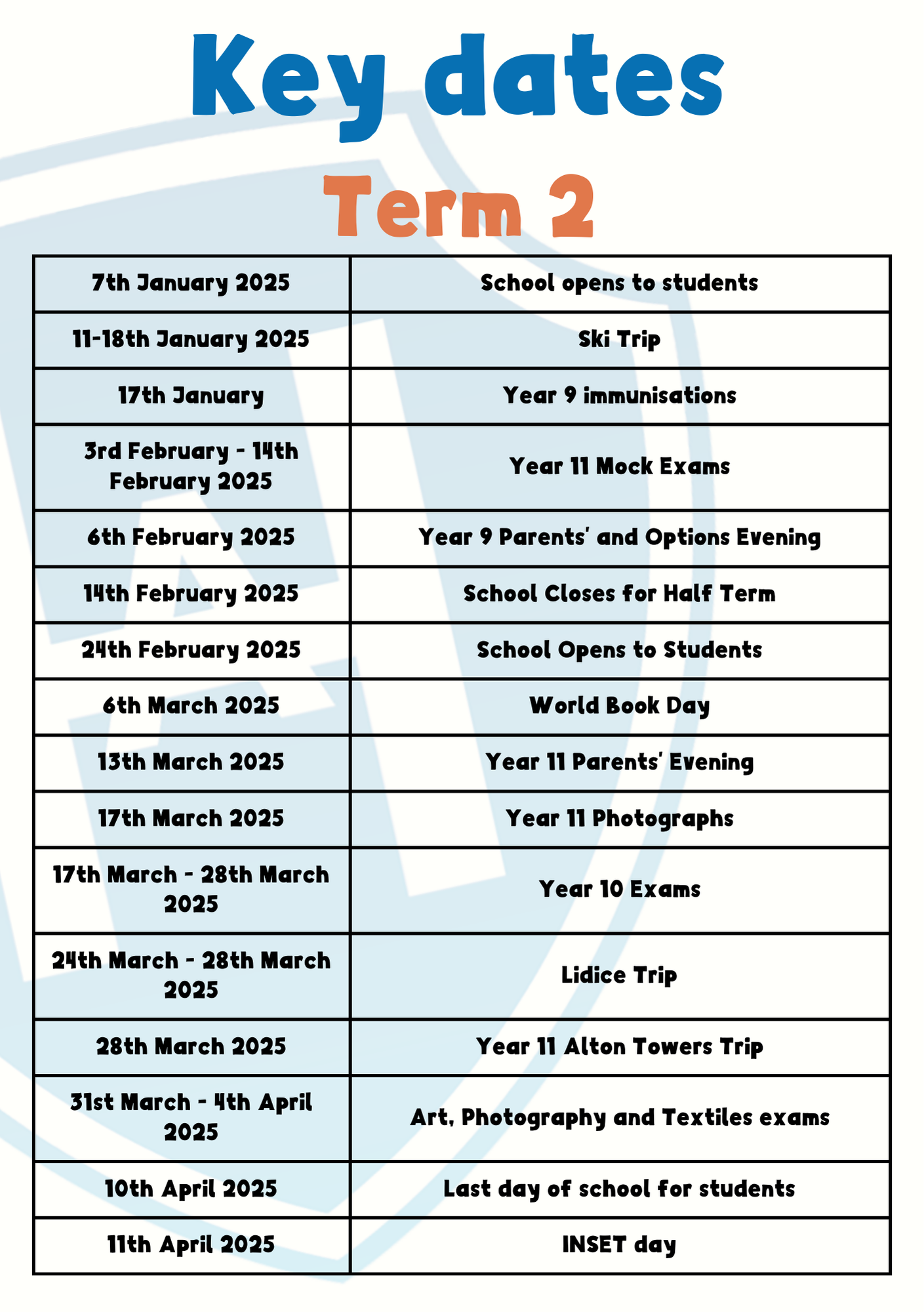 Key Dates – Haywood Academy