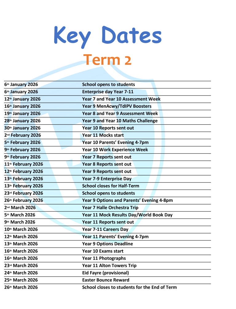 Key Dates – Haywood Academy