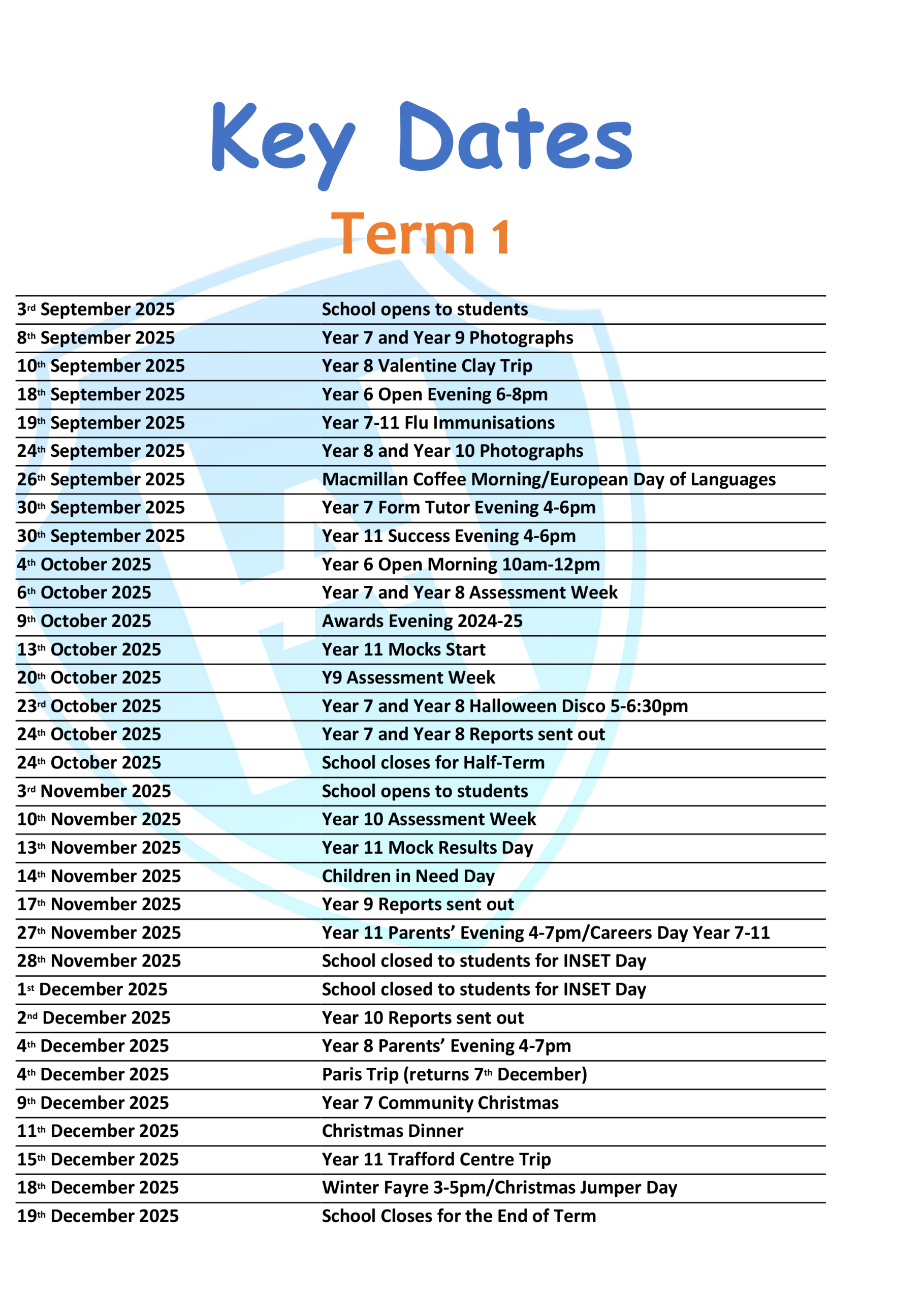 Key Dates – Haywood Academy